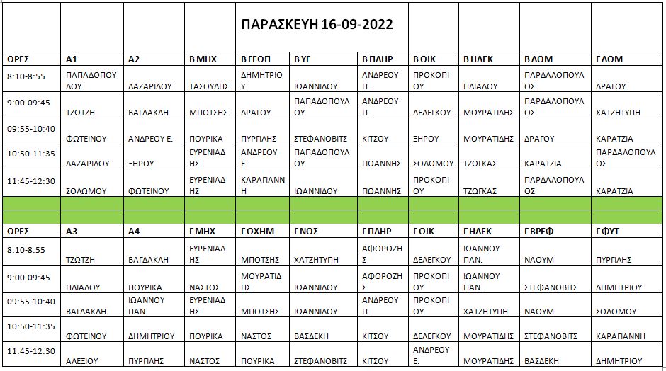 Πρόγραμμα Παρασκευής 16-9-2022 – 1ο ΕΠΑ.Λ. Φλώρινας